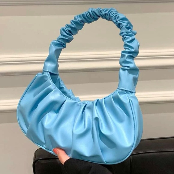 Bags | Light Baby Sky Blue Leather Ruched Scrunch Handle Round Mini ...